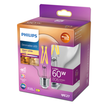 Philips LED globe E27 60W filament helder warmglow dimbaar | GAMMA