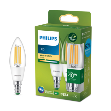 Philips Ultra Efficient LED 40W E14 kaars 2700k duopack | GAMMA